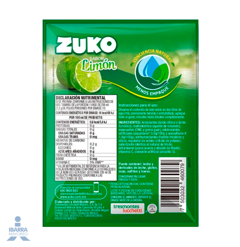 bebida en polvo zuko sabor limon 13 g | Ibarra Mayoreo