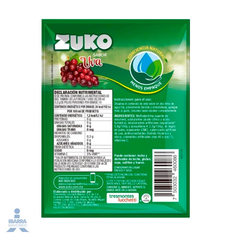bebida en polvo zuko sabor uva 13 g | Ibarra Mayoreo