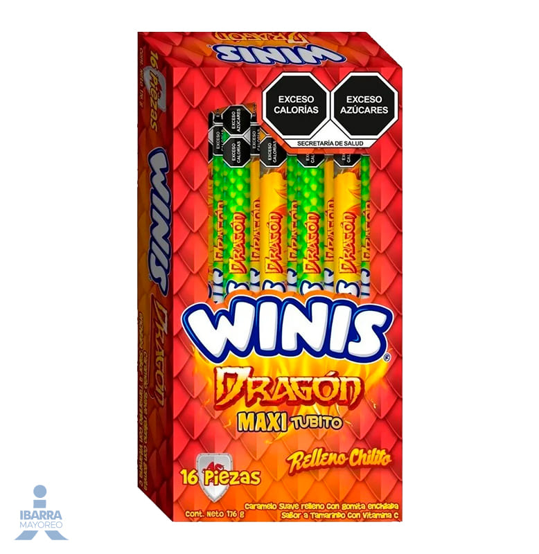 caramelo winis dragon maxi tubito relleno 16 pzas | Ibarra Mayoreo