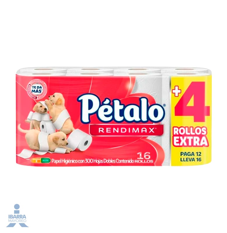 papel higienico petalo rendimax 300 hojas 12 + 4 rollos | Ibarra Mayoreo