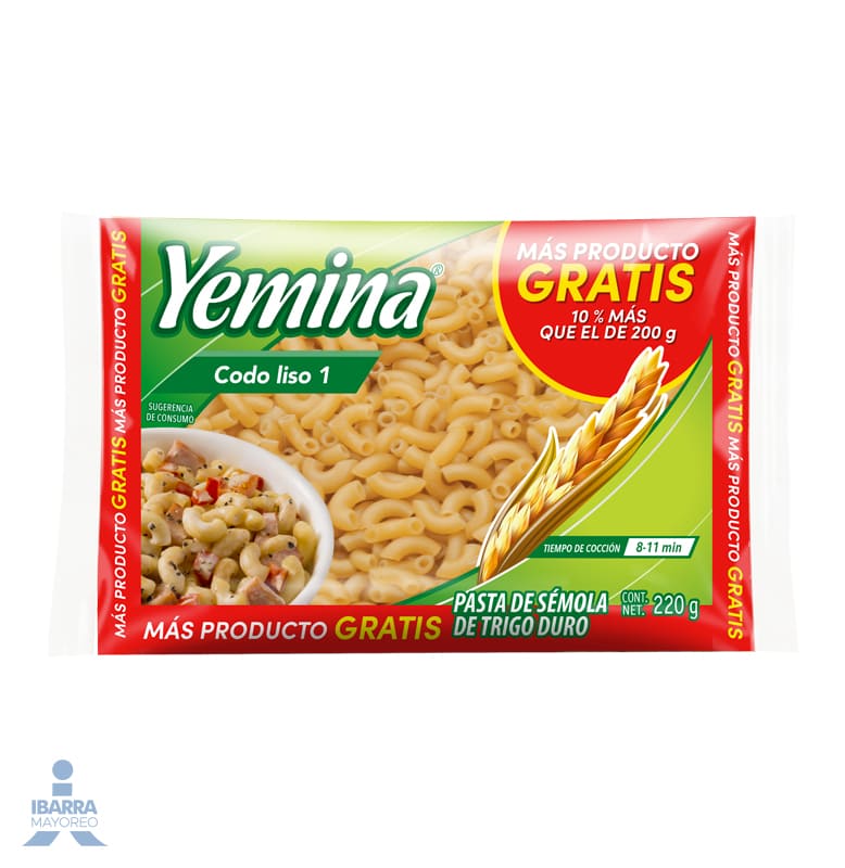 pasta yemina codo liso mas producto 220 g | Ibarra Mayoreo